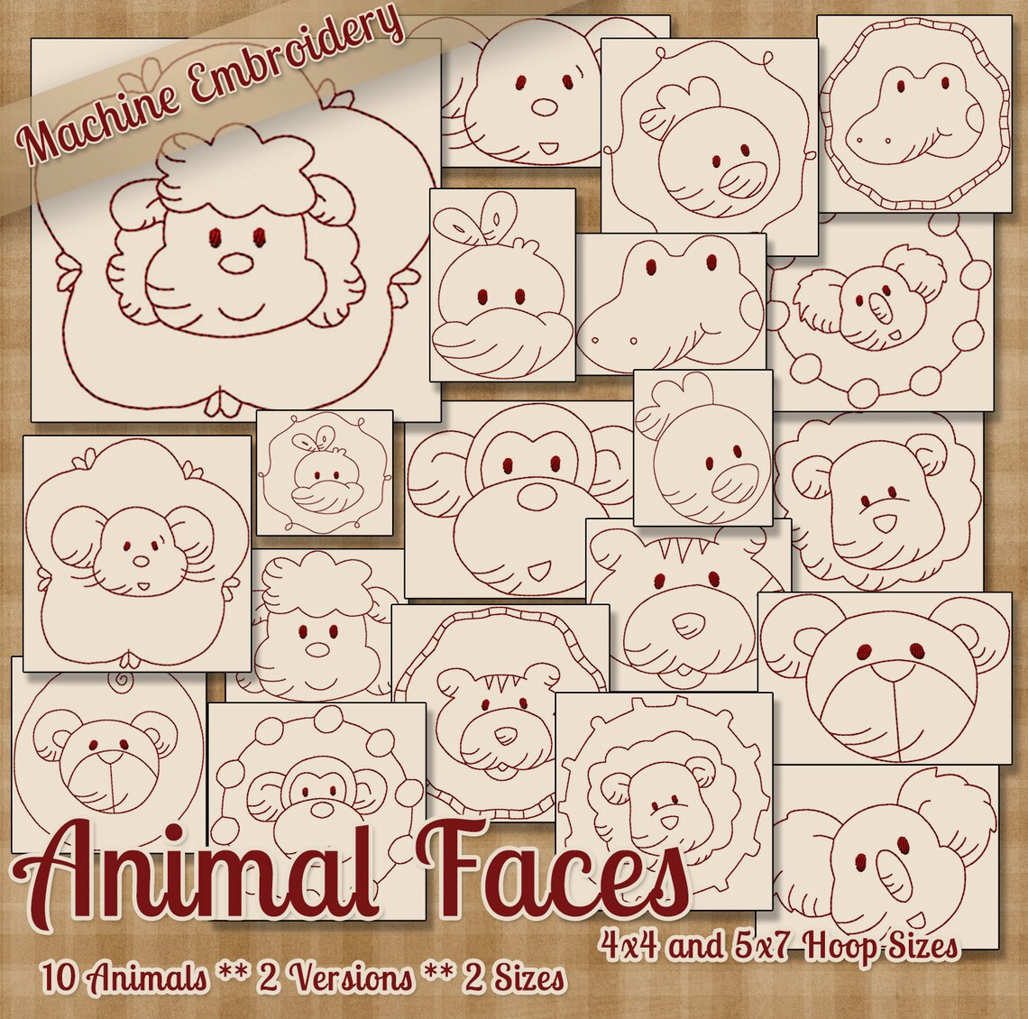 Animal Faces Redwork Machine Embroidery Patterns / Designs 4x4 - Etsy