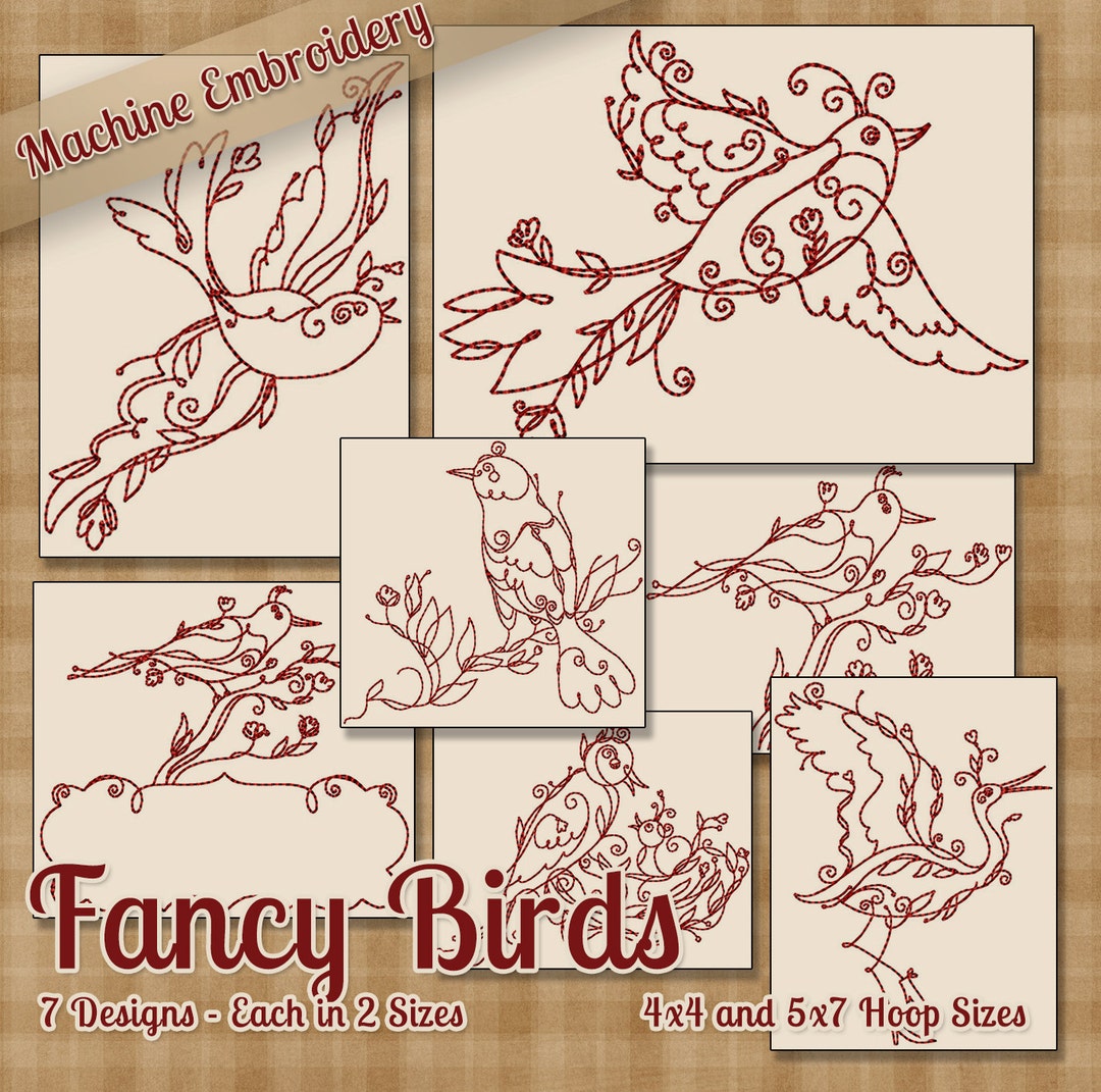 Fancy Birds Redwork Machine Embroidery Patterns / Designs 4x4 and 5x7 ...