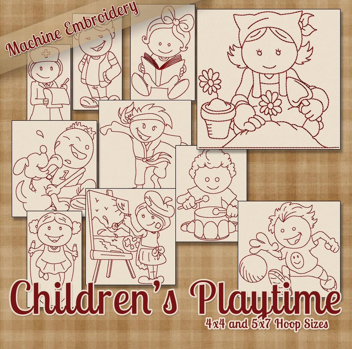Children's Playtime Redwork Machine Embroidery Patterns / | Etsy
