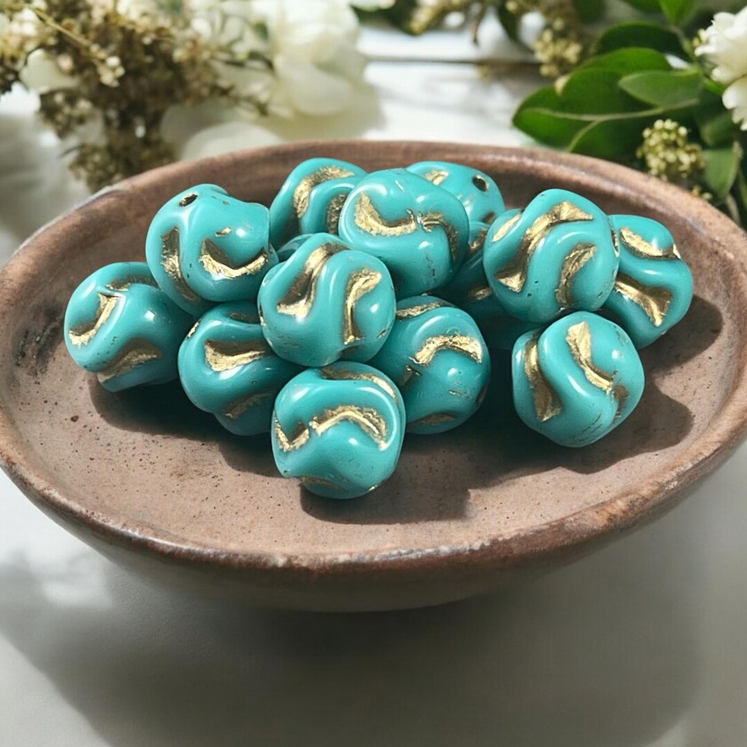 Czech Glass Beads - 8mm Turquoise Knots With Gold Wash, 8mm Opaque ...