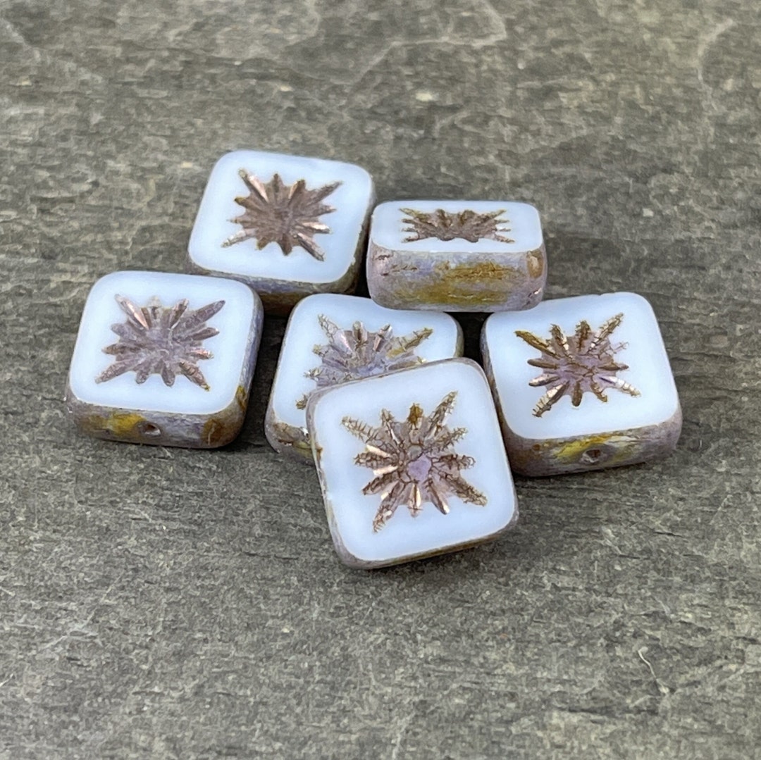 White Table Cut Squares starburst Square Czech Glass Beads 10.5mm ...