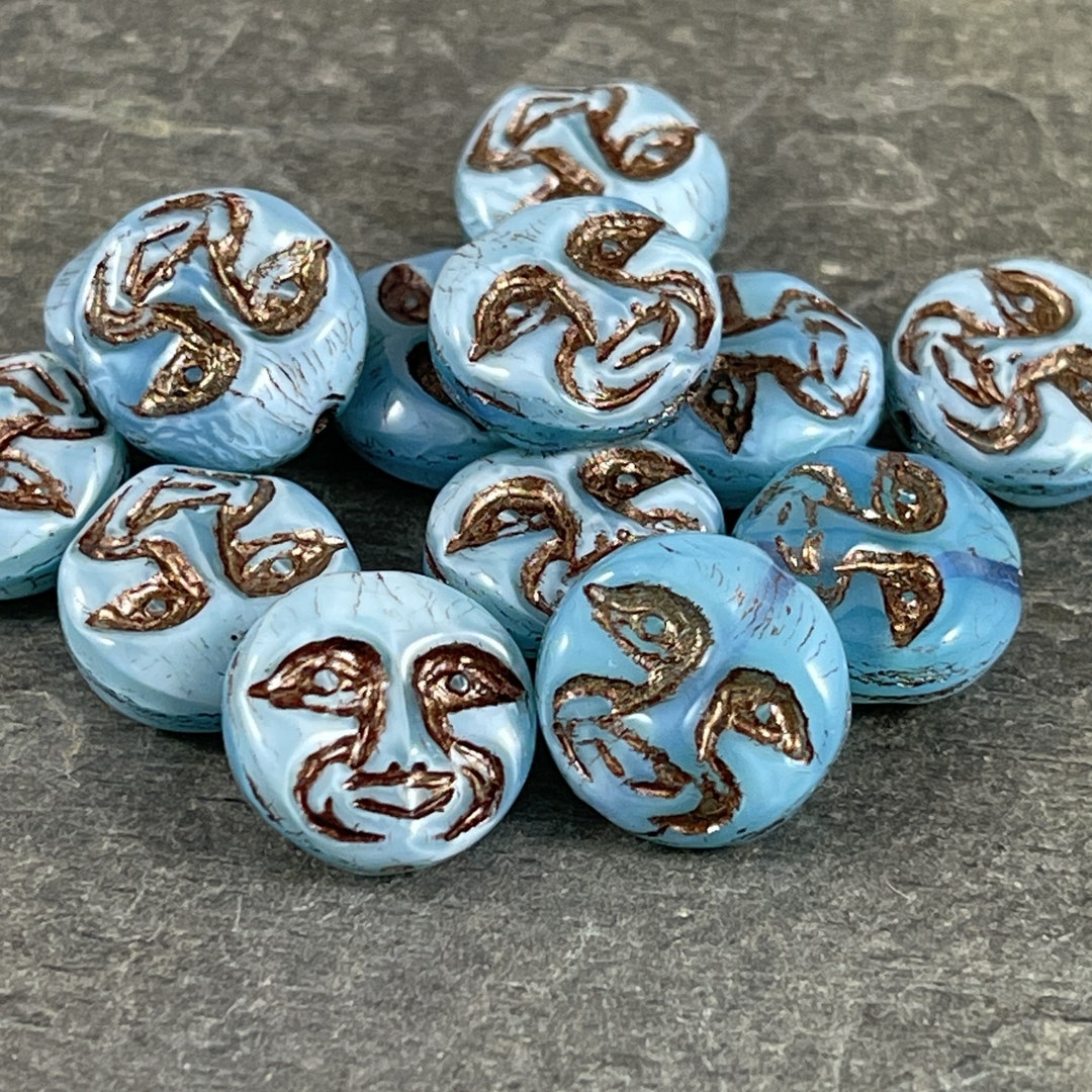 Aqua and Light Blue Silk Glass Man in the Moon Moon Face Beads Czech ...