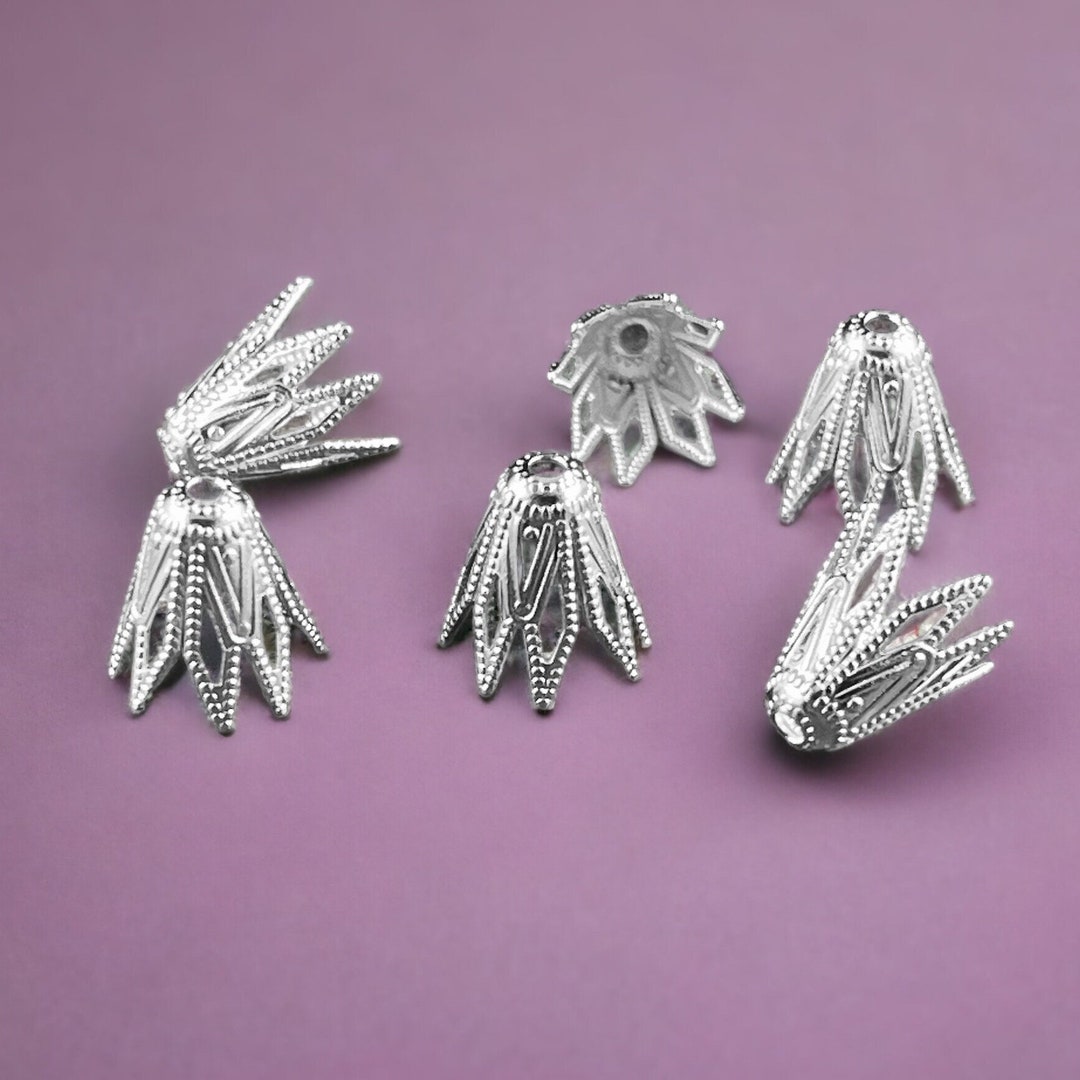 9x8mm Fancy Star, Cone Shaped Bead Caps ~ Bright Silver Plated Brass ...