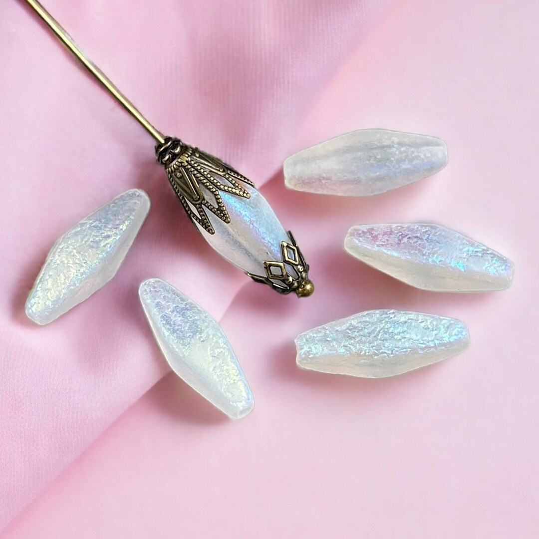 Czech Glass Beads - 20x9mm Rhombus, Etched Clear Glass With AB Finish ...