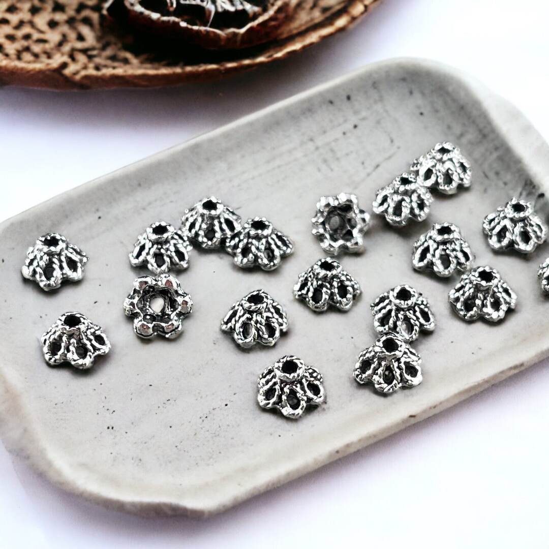 Antiqued Silver Bead Caps ~ Filigree 6-petal Design, 6mm Cone Bead Caps ...
