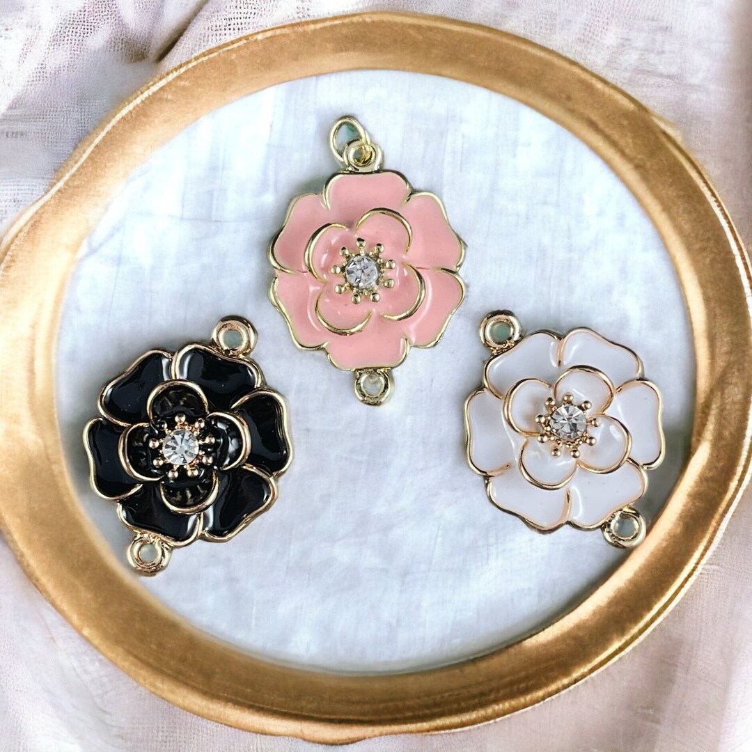Enamel Floral Connector Links ~ Pale Peachy Pink, Black or White and ...