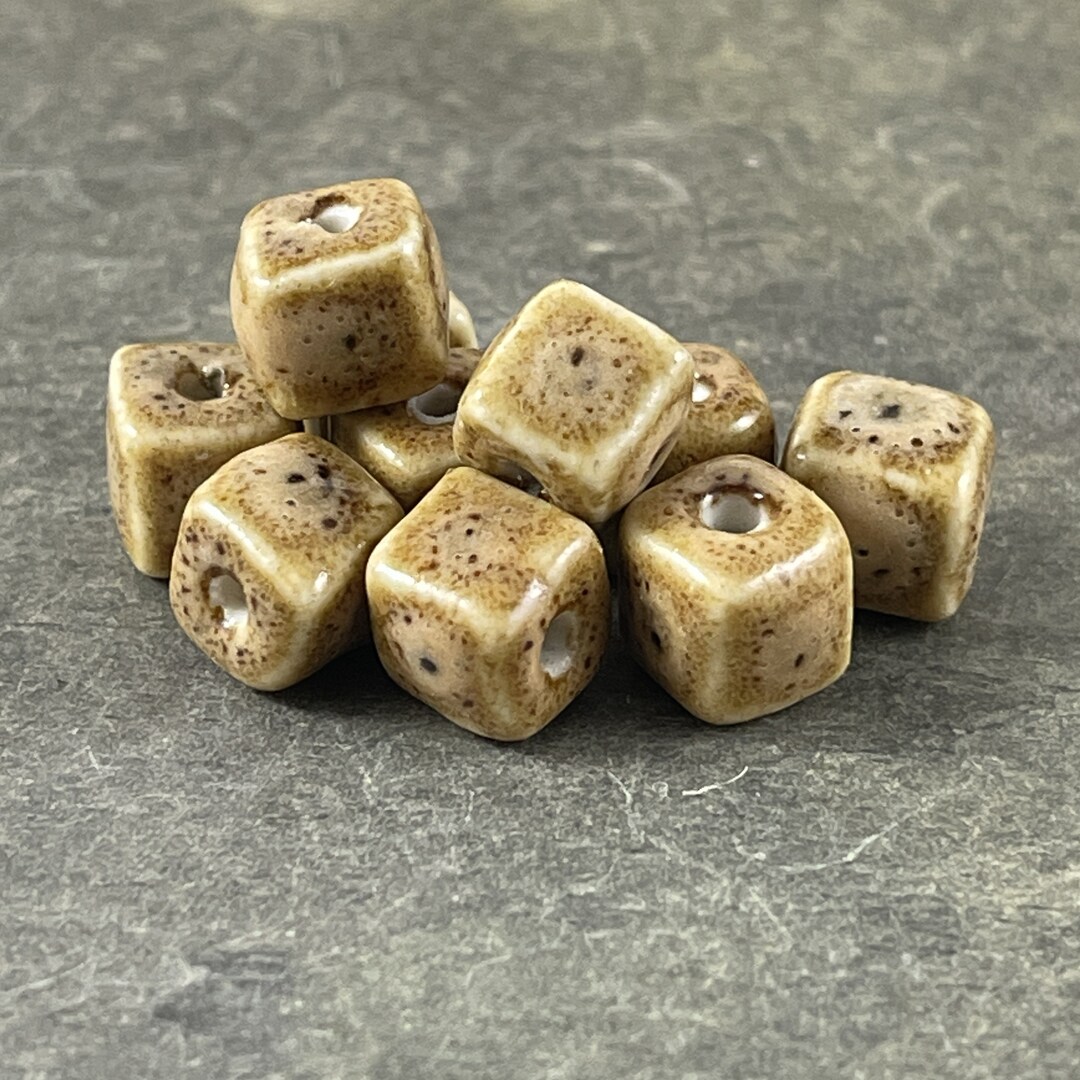 Khaki Tan Cube Bead Tan and Brown Square Bead Porcelain Beads Rustic ...