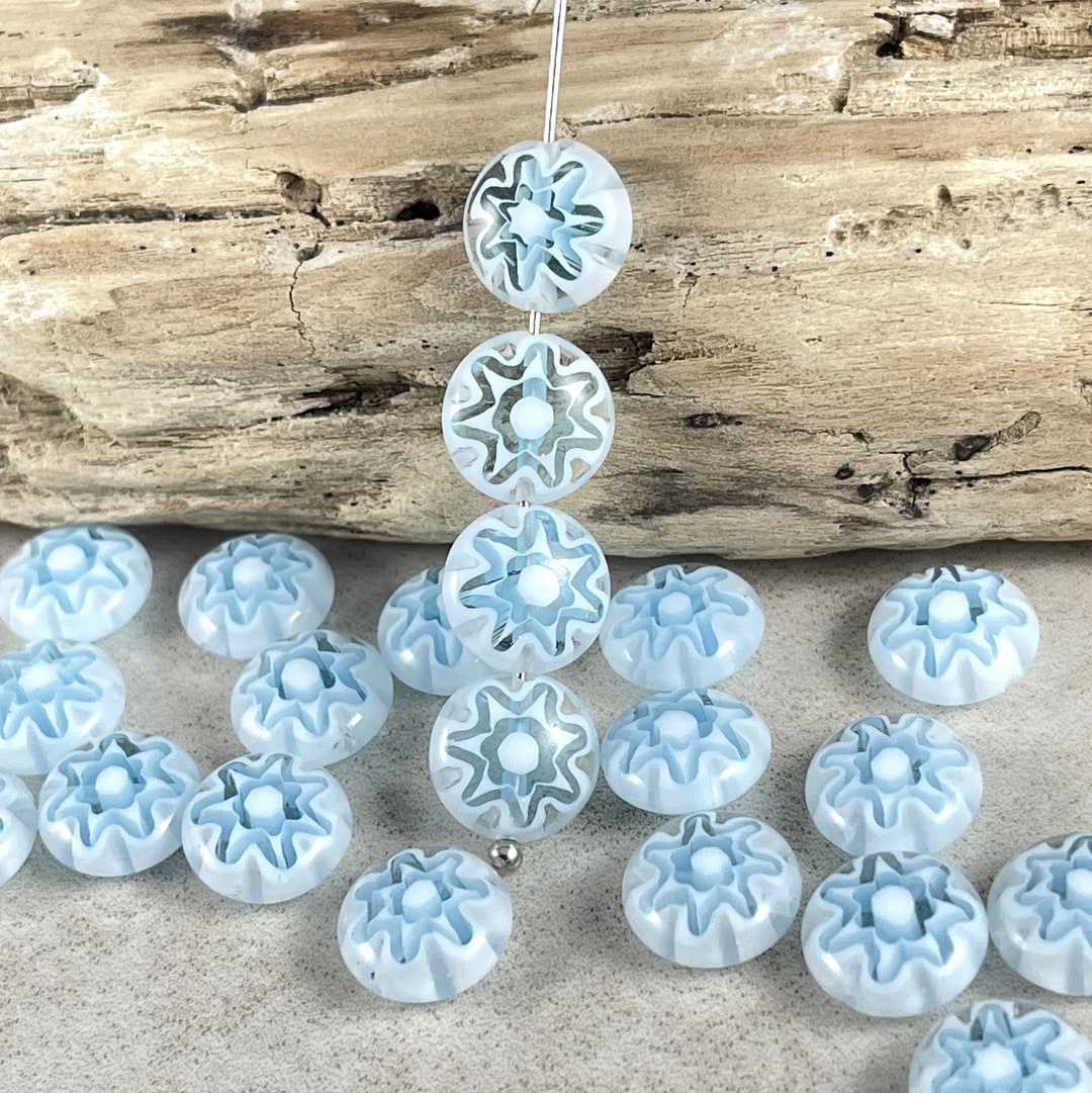 Blue and White Glass Flower Bead 10mm Puffed Coin Bead With - Etsy