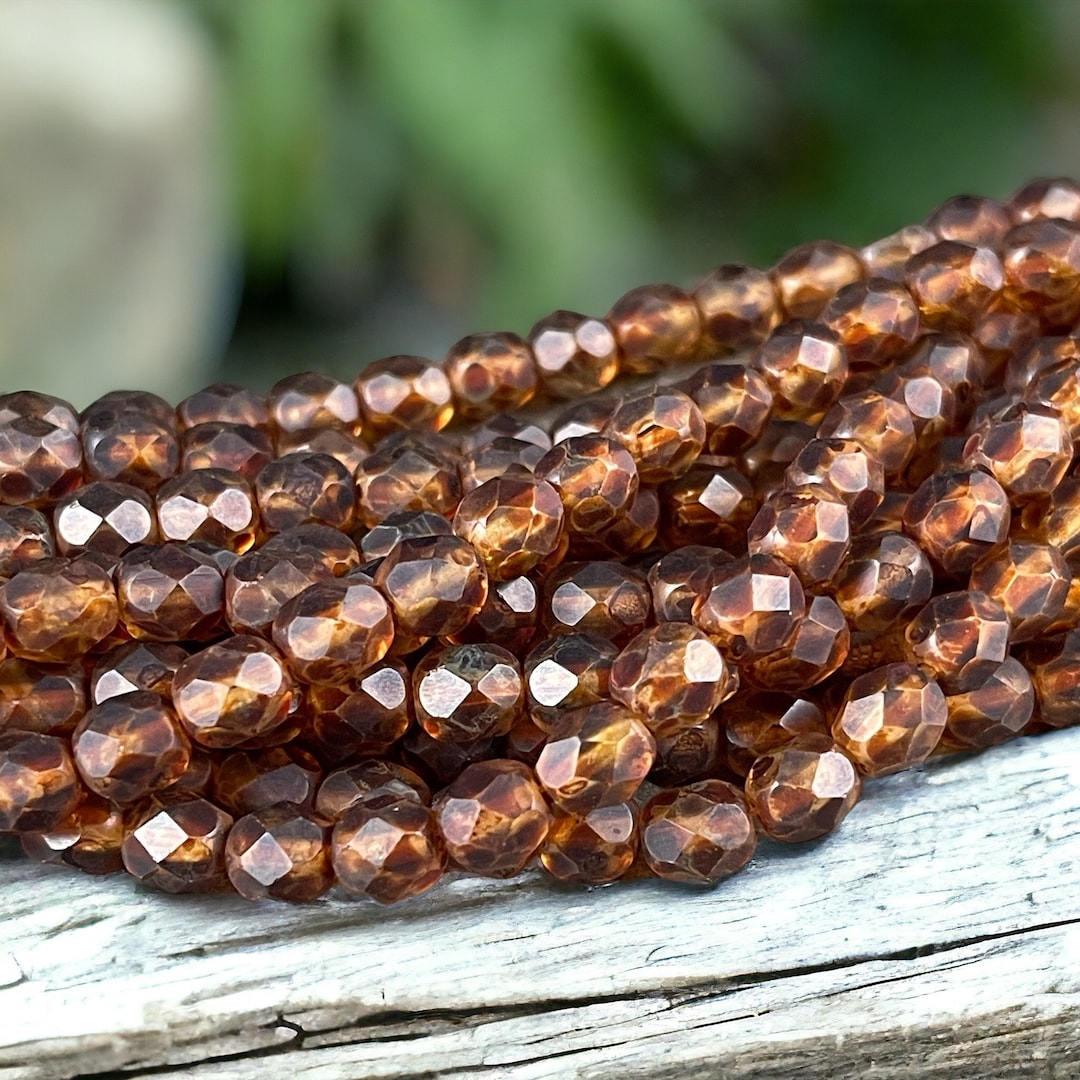 Czech Glass - Brown Picasso Beads, 6mm Faceted Round Crystal With Full ...