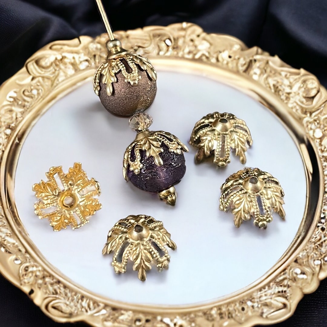 Golden Brass Floral Filigree Bead Caps, Ornate Victorian Bead Caps, Raw ...