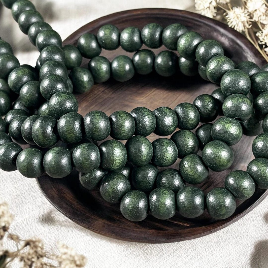 8mm Round Bead, 8mm Dark Green Wooden Beads, Dark Forest Green Mala ...