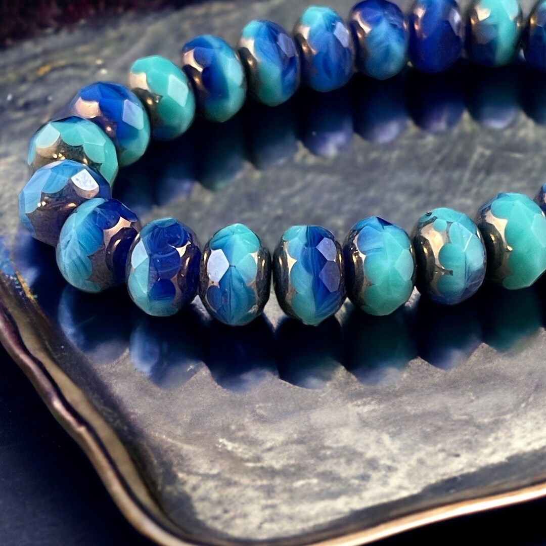 Turquoise and Cobalt Blue Rondelles 8x6mm Rondelle Czech Glass Beads ...