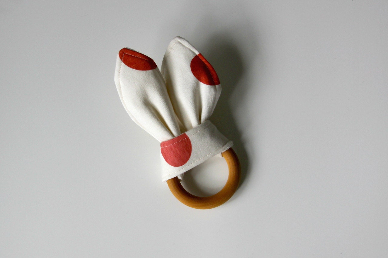 Organic Wood Teething Ring, Crinkle Toy, Red Mod Dot, Organic Knit ...