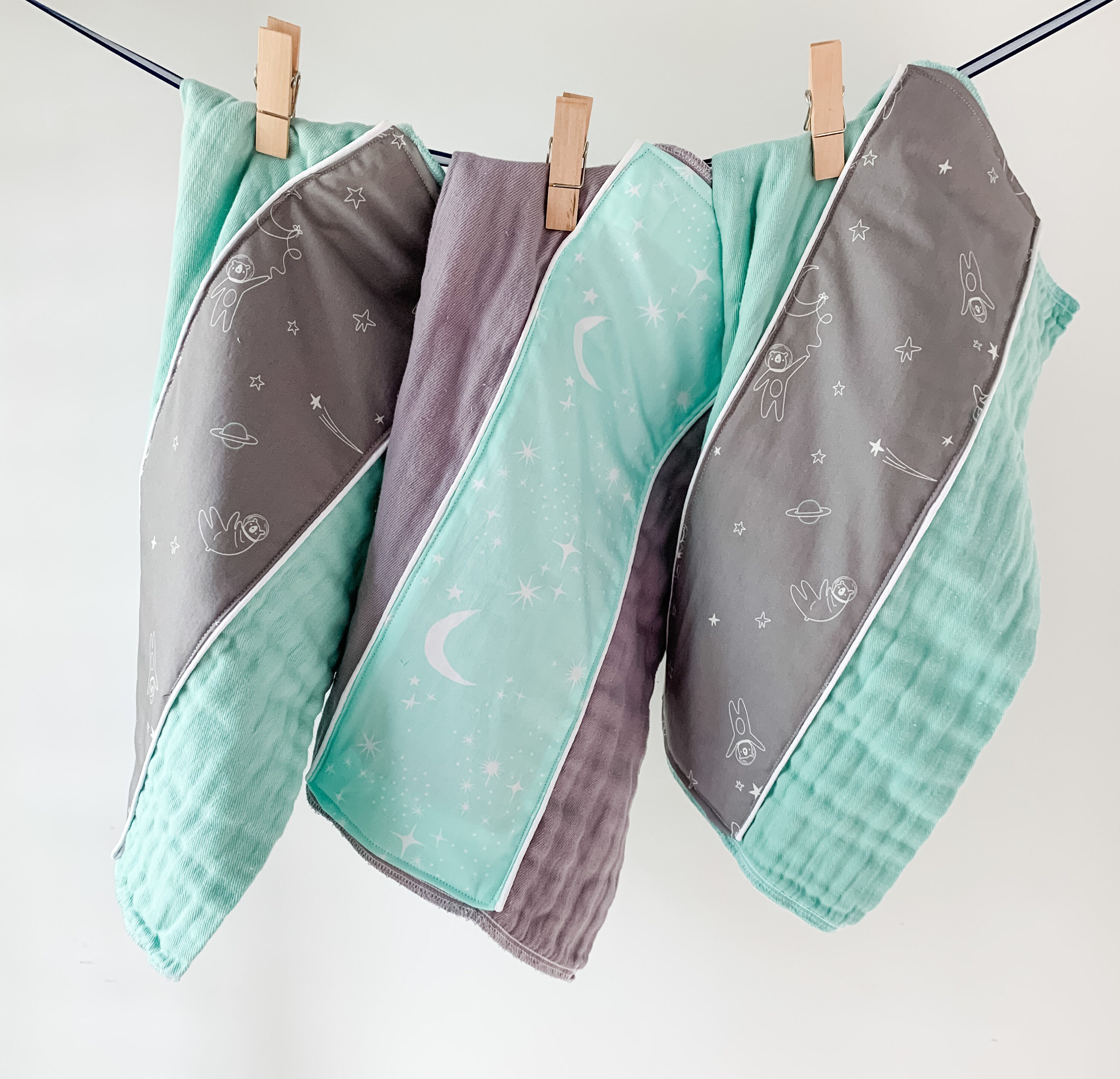 Baby Burp Cloth Set of 3, Gray Space Bears, Aqua Moon and Stars, Hand ...