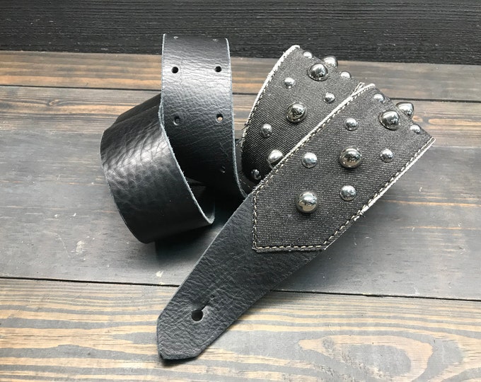Black Leather Guitar Strap With Denim and Studs Punk Rock Design Heavy ...