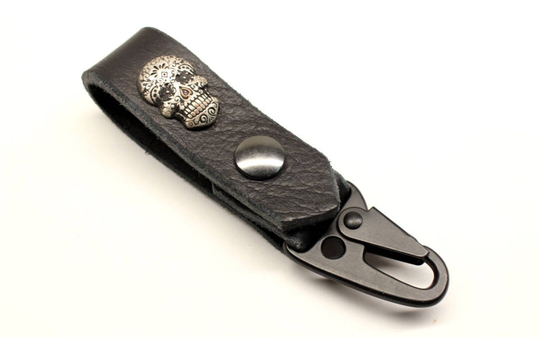 Leather Belt Loop Key Chain With Sugar Skull Medallion - Gift for Biker ...