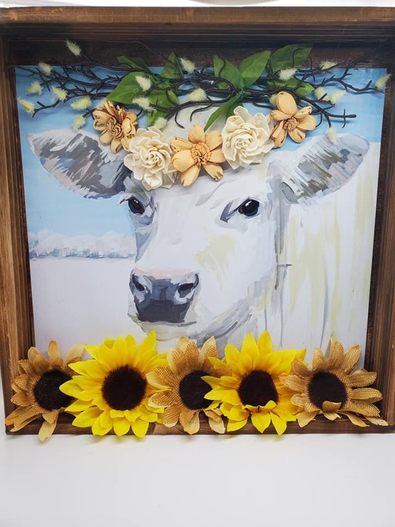 Cow With Sunflowers Picture: Farmhouse Floral Decor, 12x12 Wood Frame ...