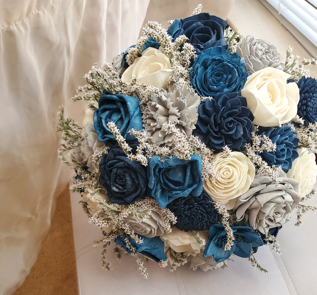Sola Bridal Bouquet: Navy, Dusty Blue, Gray, and White, Dried Statice ...