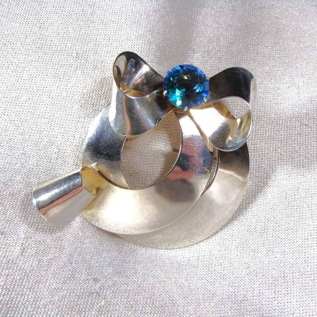 Ribbon Bow Brooch, Sterling Silver Large Blue Crystal Pin, Estate ...
