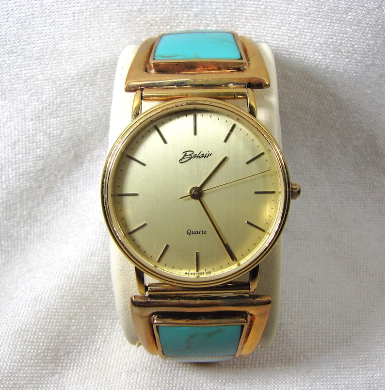 Mens 14K Solid Gold & Turquoise Watch, Bracelet Wristwatch, Special ...