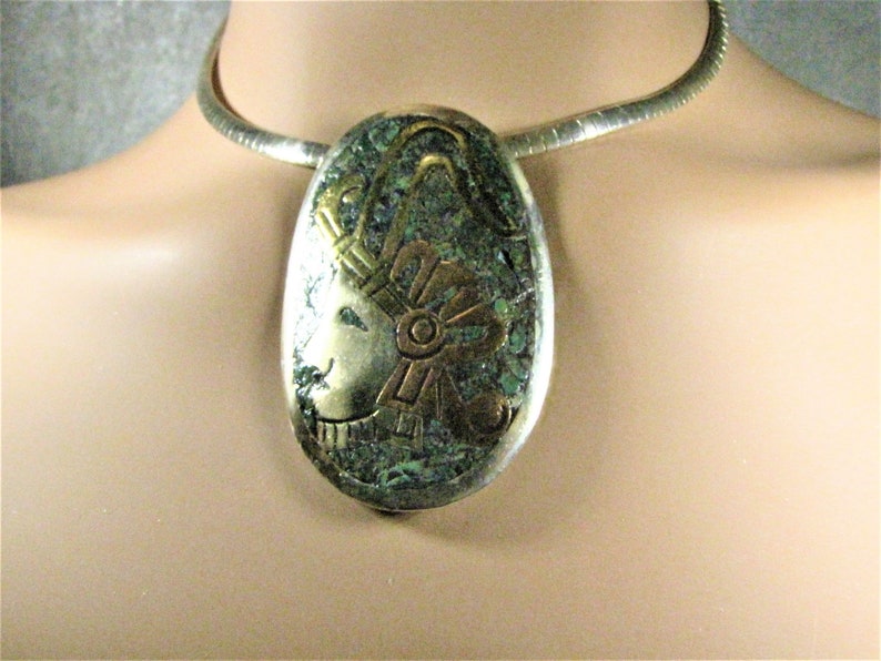 Sterling Silver Inlaid Pendant & Omega Chain, Vintage Aztec Jewelry ...
