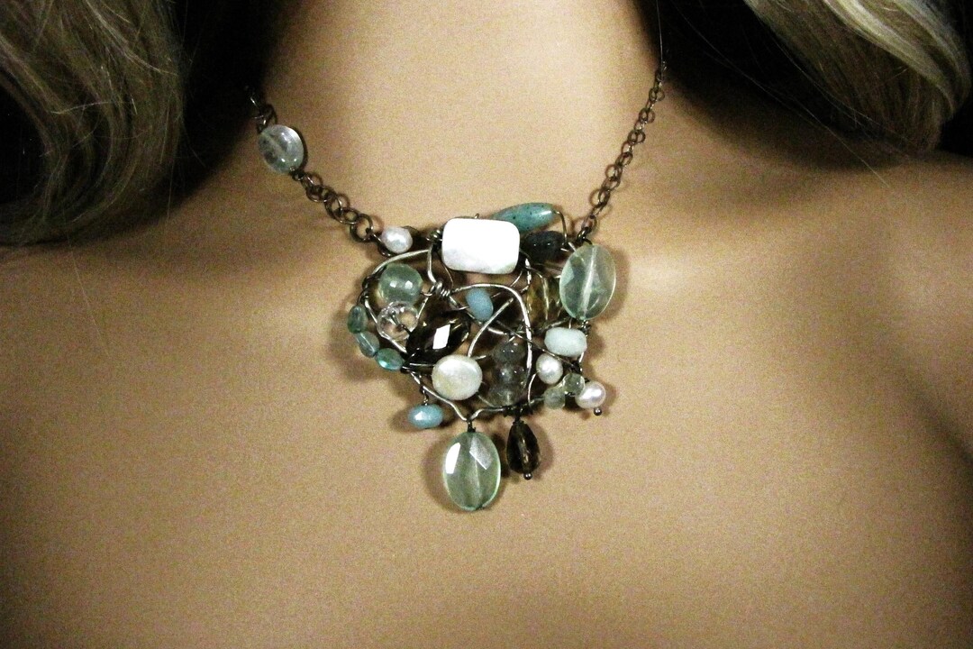 Wire Wrapped Sterling Silver Pendant Choker, Gemstone Beads, Unique ...