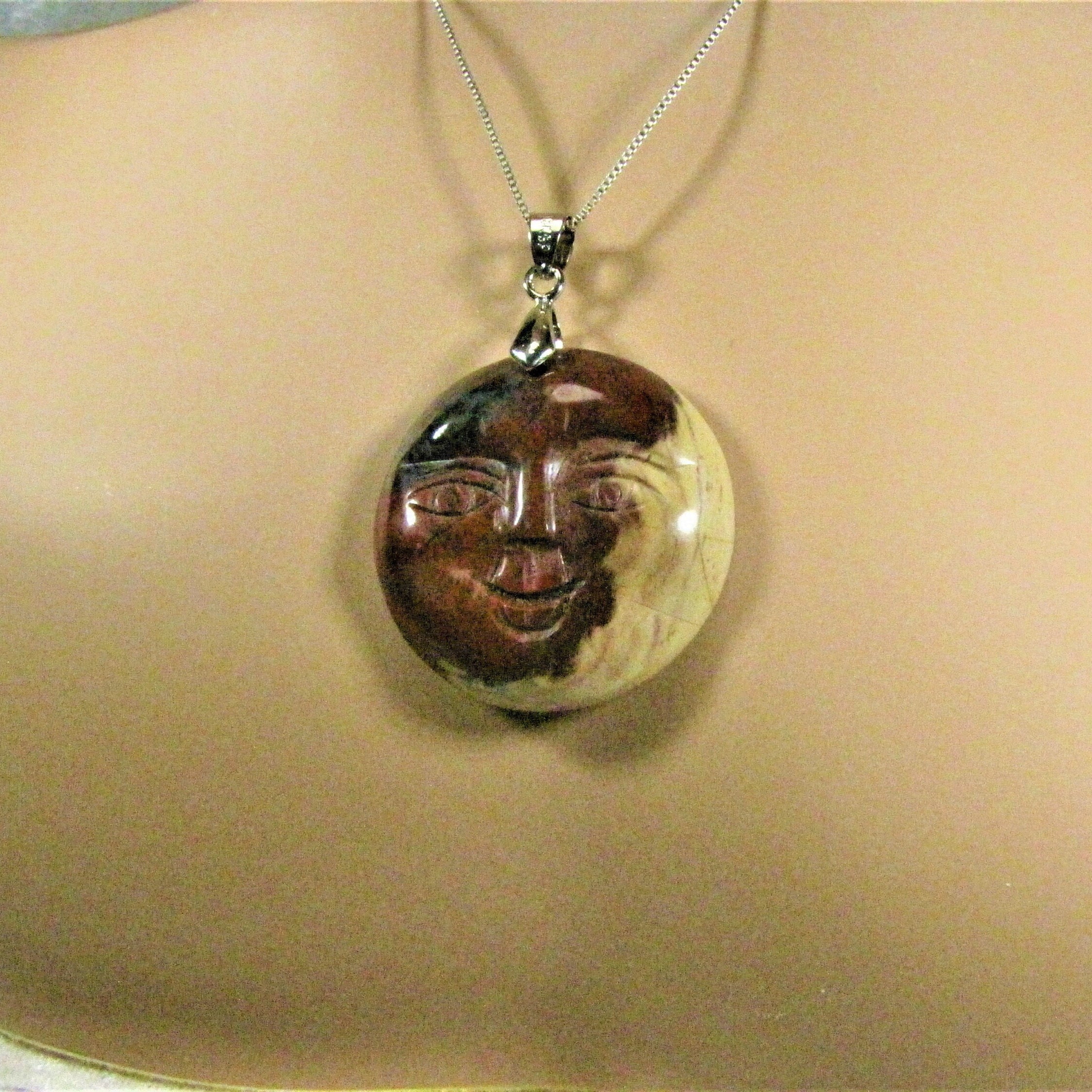Magnificent Carved Stone Moon Face Pendant Necklace, Healing Mookaite ...
