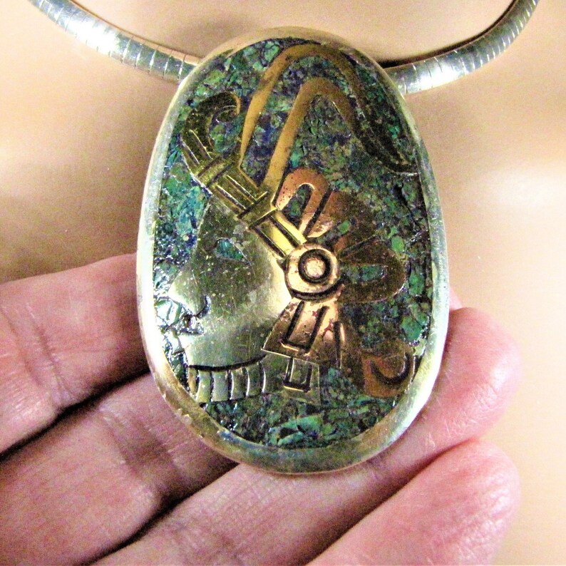 Sterling Silver Inlaid Pendant & Omega Chain, Vintage Aztec Jewelry ...