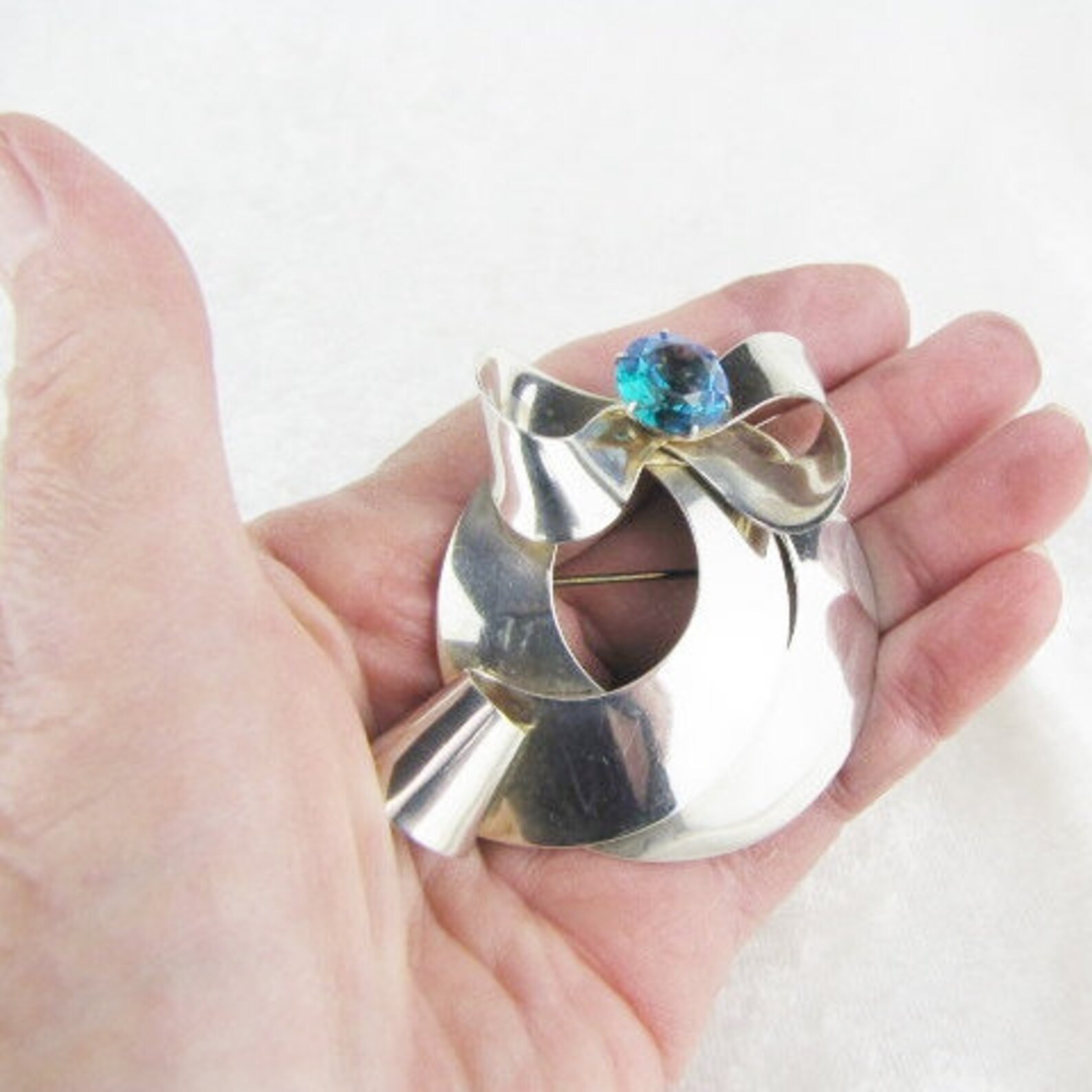 Ribbon Bow Brooch, Sterling Silver Large Blue Leaded Crystal Pin ...