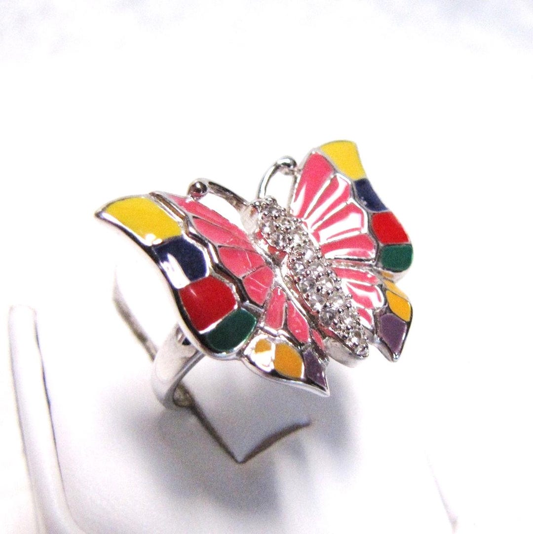 Sterling Silver Butterfly Ring, Rainbow Enamel & Clear Topaz Body ...