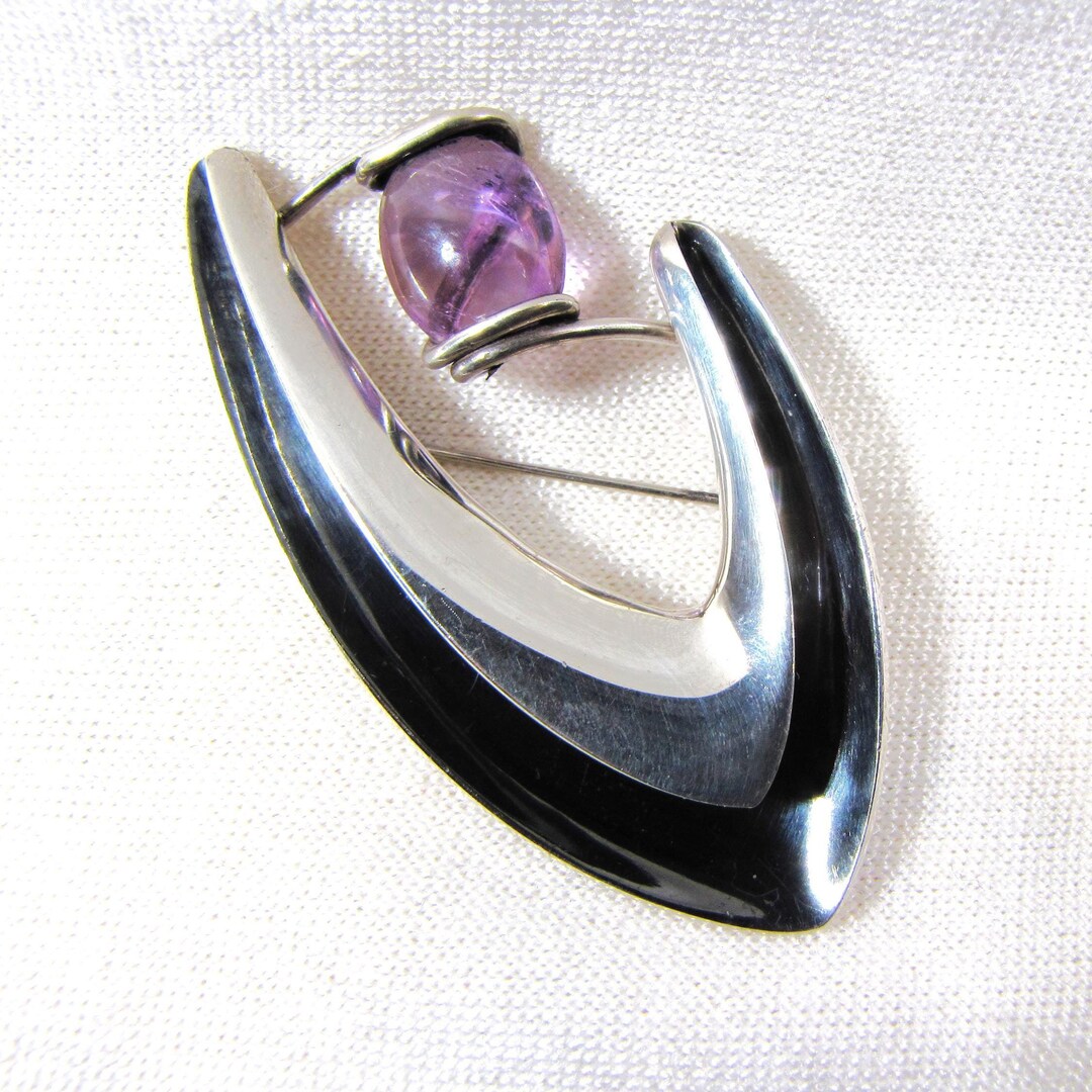 Sterling Silver Amethyst Brooch Pin, Retro Atomic Boomerang, Vintage ...