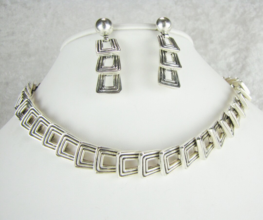 Panel Link Choker Set, Vintage Necklace & Earrings , Sterling Silver ...