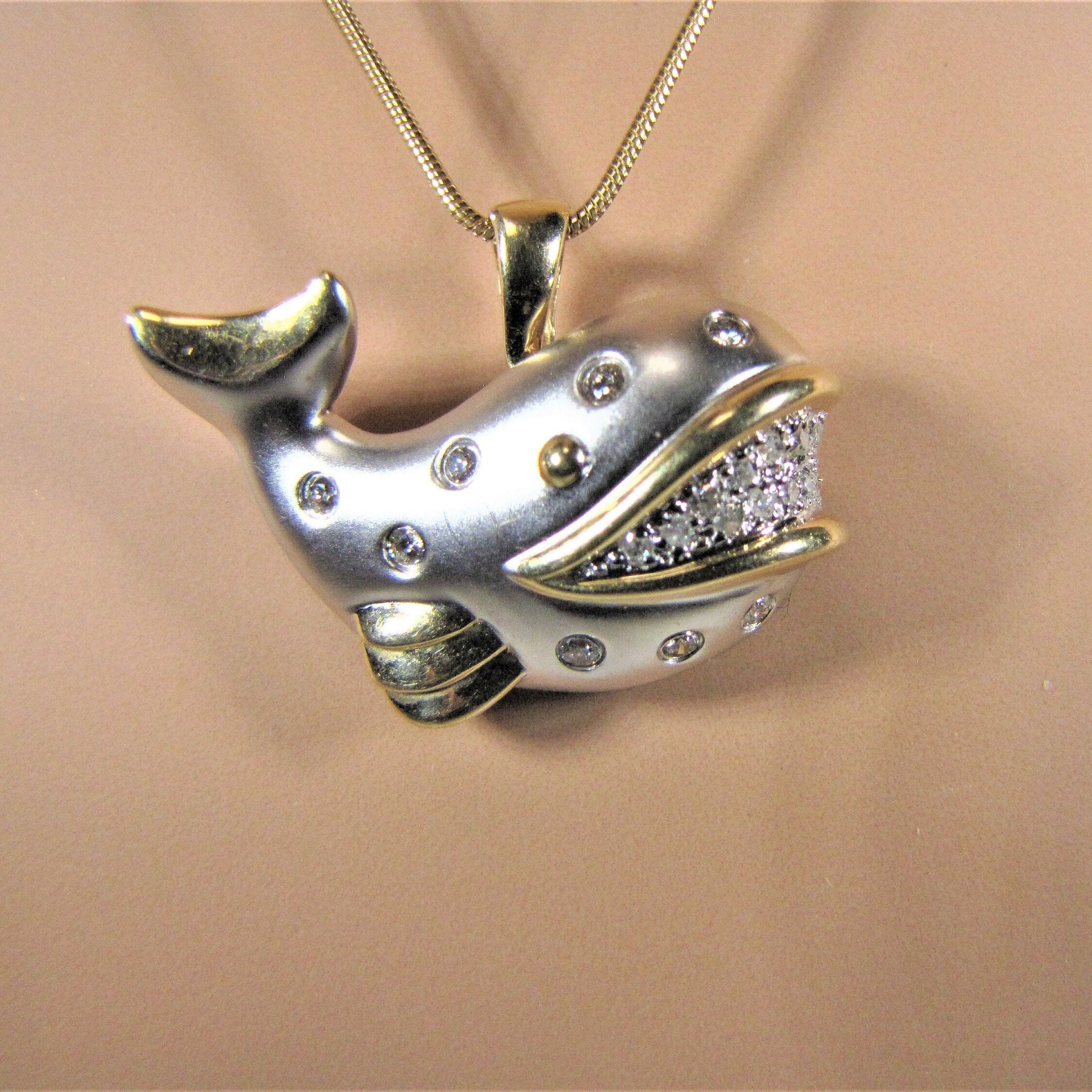 Exquisite 14K Gold & Diamond Whale Pendant Brooch Combo, Luxury ...