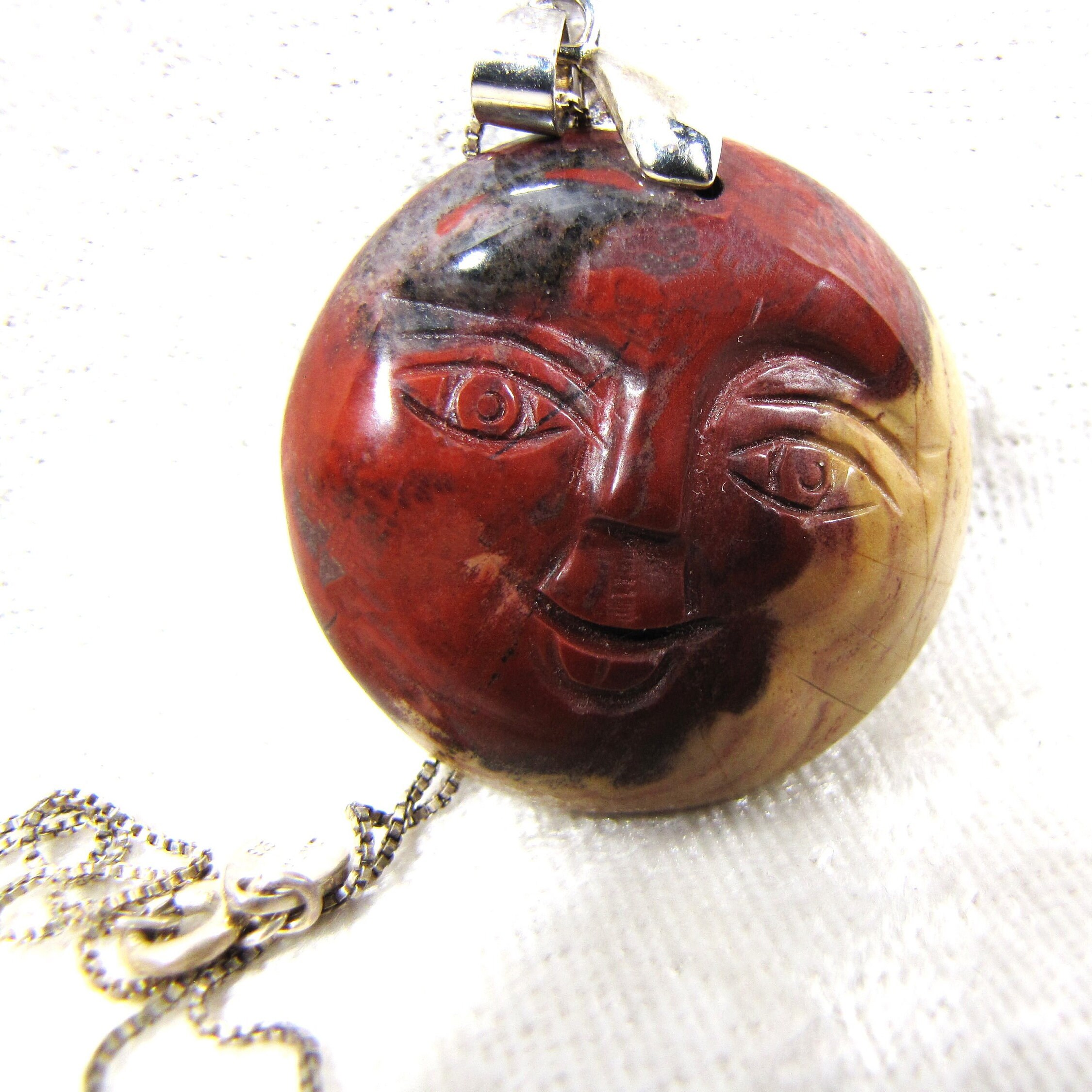 Magnificent Carved Stone Moon Face Pendant Necklace, Healing Mookaite ...