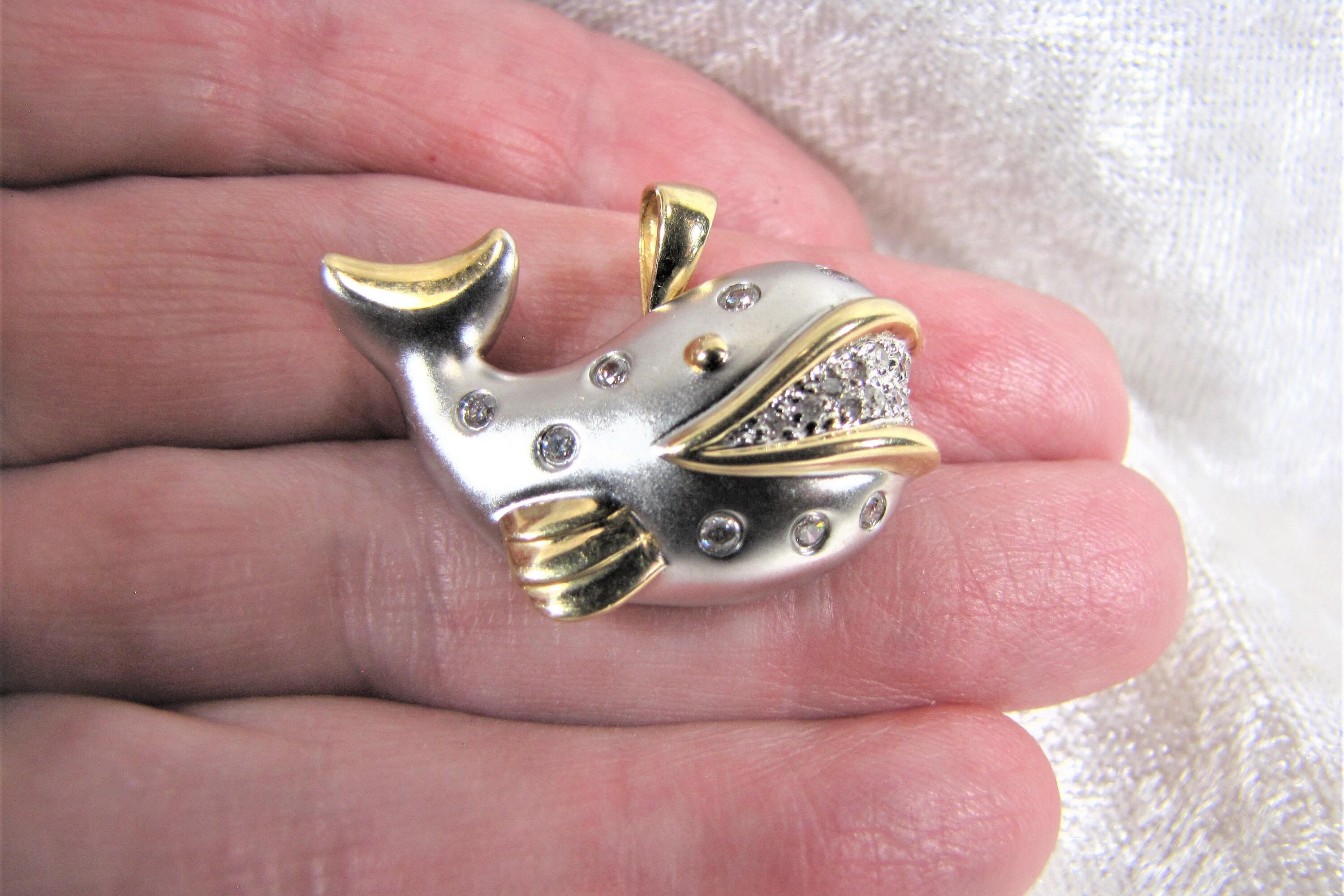 Exquisite 14K Gold & Diamond Whale Pendant Brooch Combo, Luxury ...