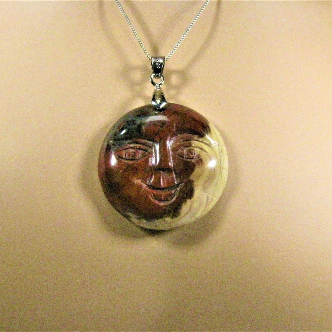 Magnificent Carved Stone Moon Face Pendant Necklace, Healing Mookaite ...