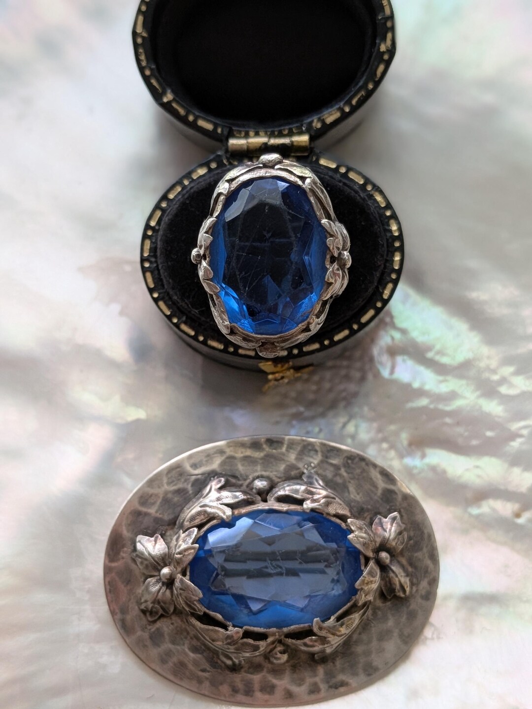 Antique Arts & Crafts Sterling Silver and Blue Glass Ring and Brooch ...