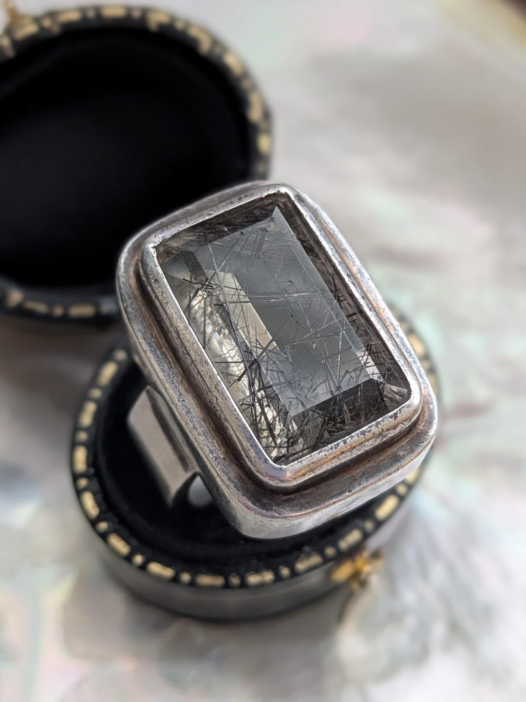 Vintage Modernist Tourmalinated Quartz Sterling Silver Ring // Black ...