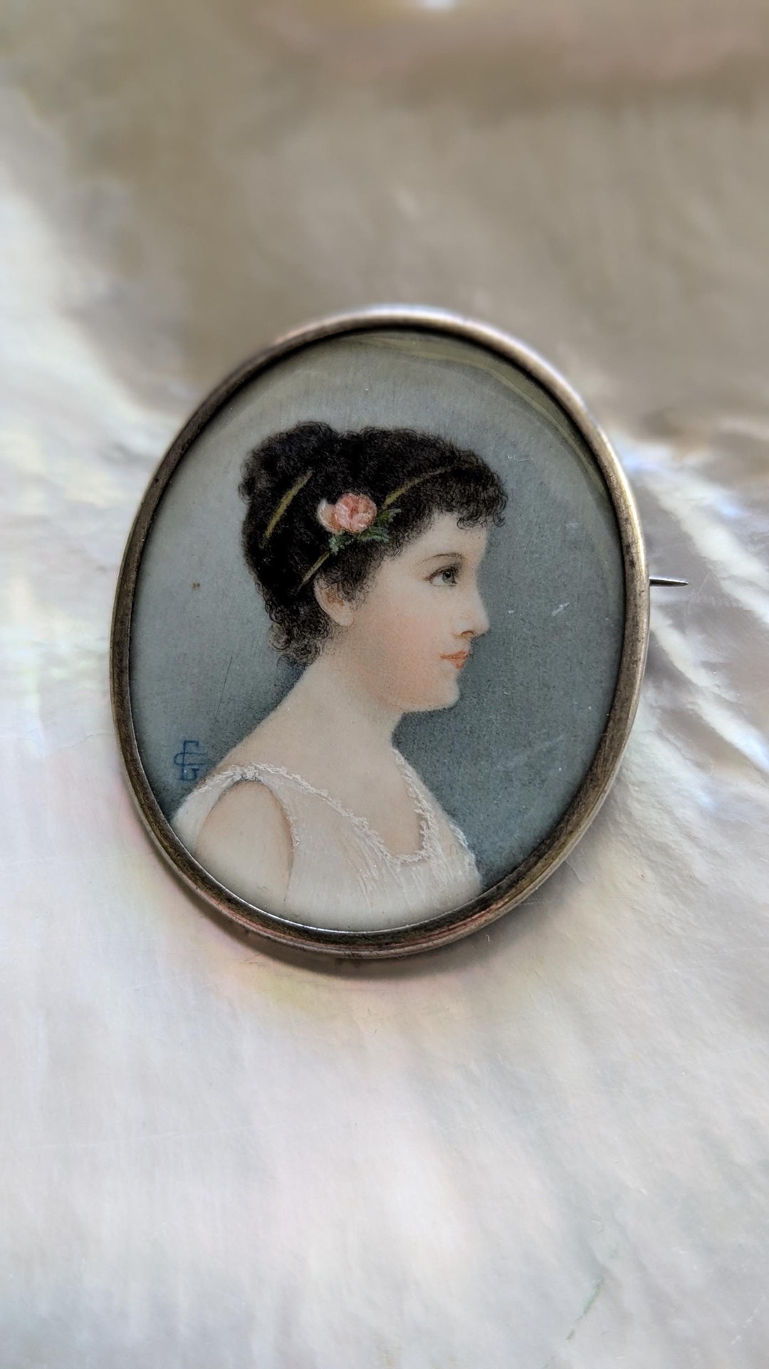 Antique Hand Painted Miniature Portrait Brooch // Ethereal Portrait ...
