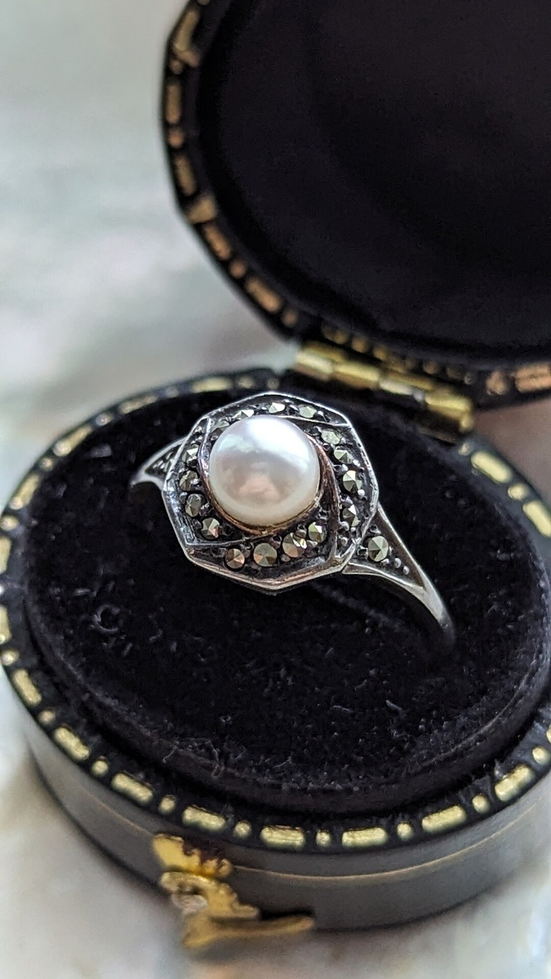 Vintage Art Deco Pearl and Marcasite Sterling Silver Ring // Dainty ...