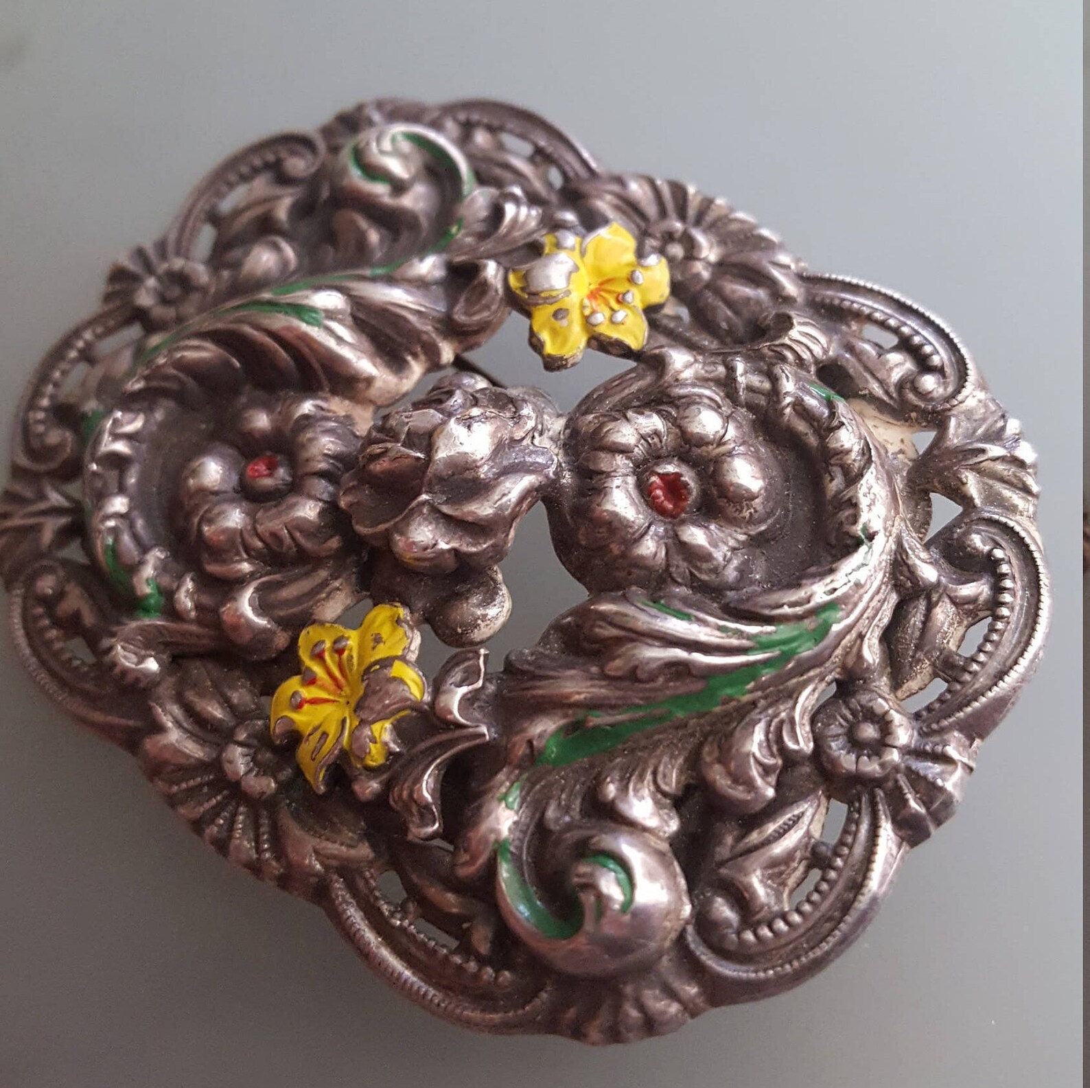 Vintage Repousse Silver & Enamel Brooch // Ornate Floral Brooch ...
