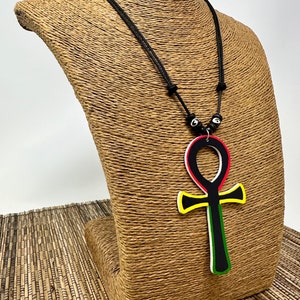 Handmade Wooden Ankh Necklace With Rastafarian Accents - Adjustable ...