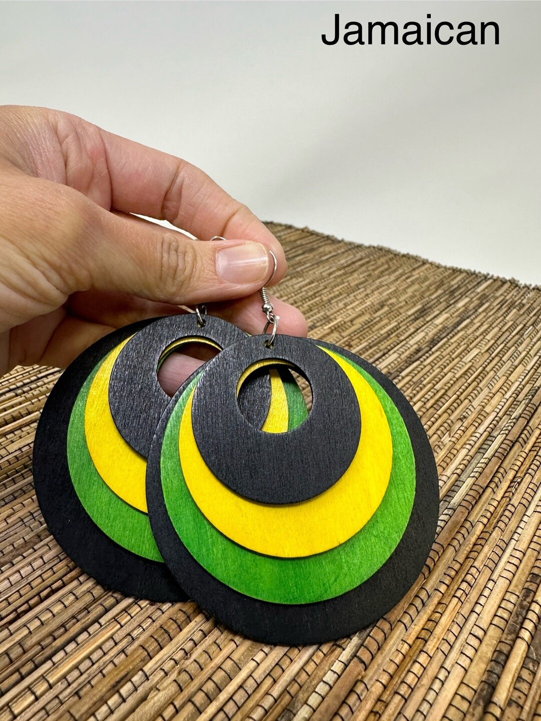 Jamaican Flag Colors Layered Wood Earrings - Bold Disc-shaped Wooden ...