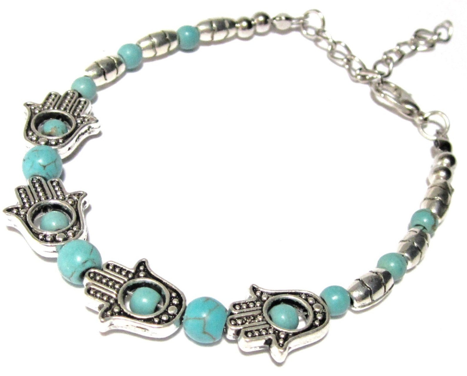 Hamsa Hand Bracelet Turquoise Color and Silver Tone Beads | Etsy