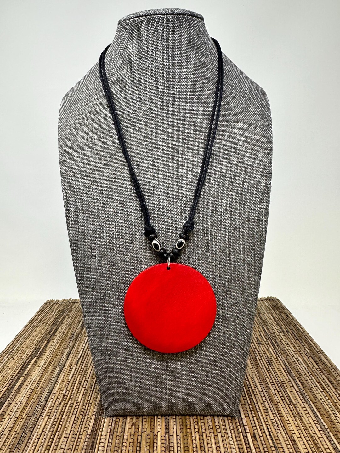Red Wooden Disc Pendant Necklace - Adjustable Length | Handcrafted ...