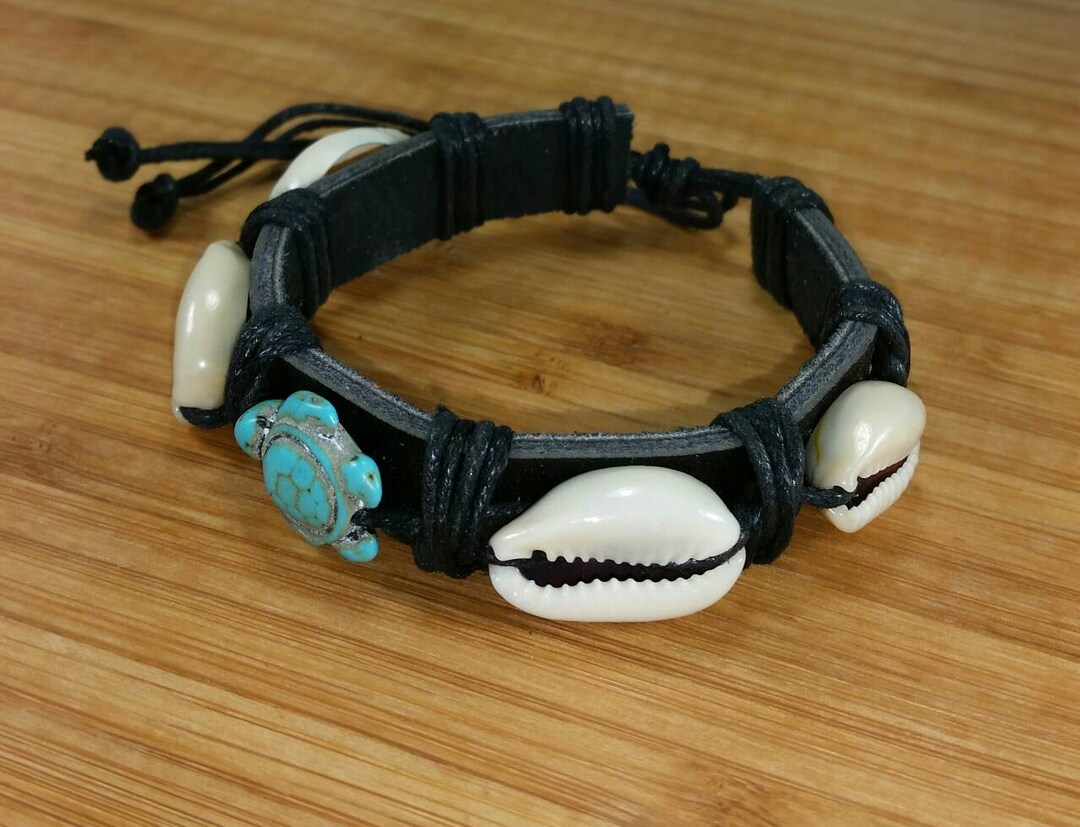 Turquoise Sea Turtle & Cowrie Shell Leather Bracelet | Unisex ...
