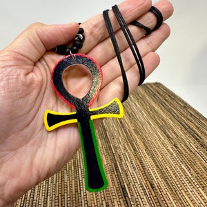 Handmade Wooden Ankh Necklace With Rastafarian Accents - Adjustable ...