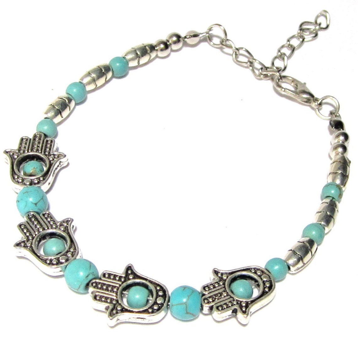 Hamsa Hand Bracelet Turquoise Color and Silver Tone Beads - Etsy