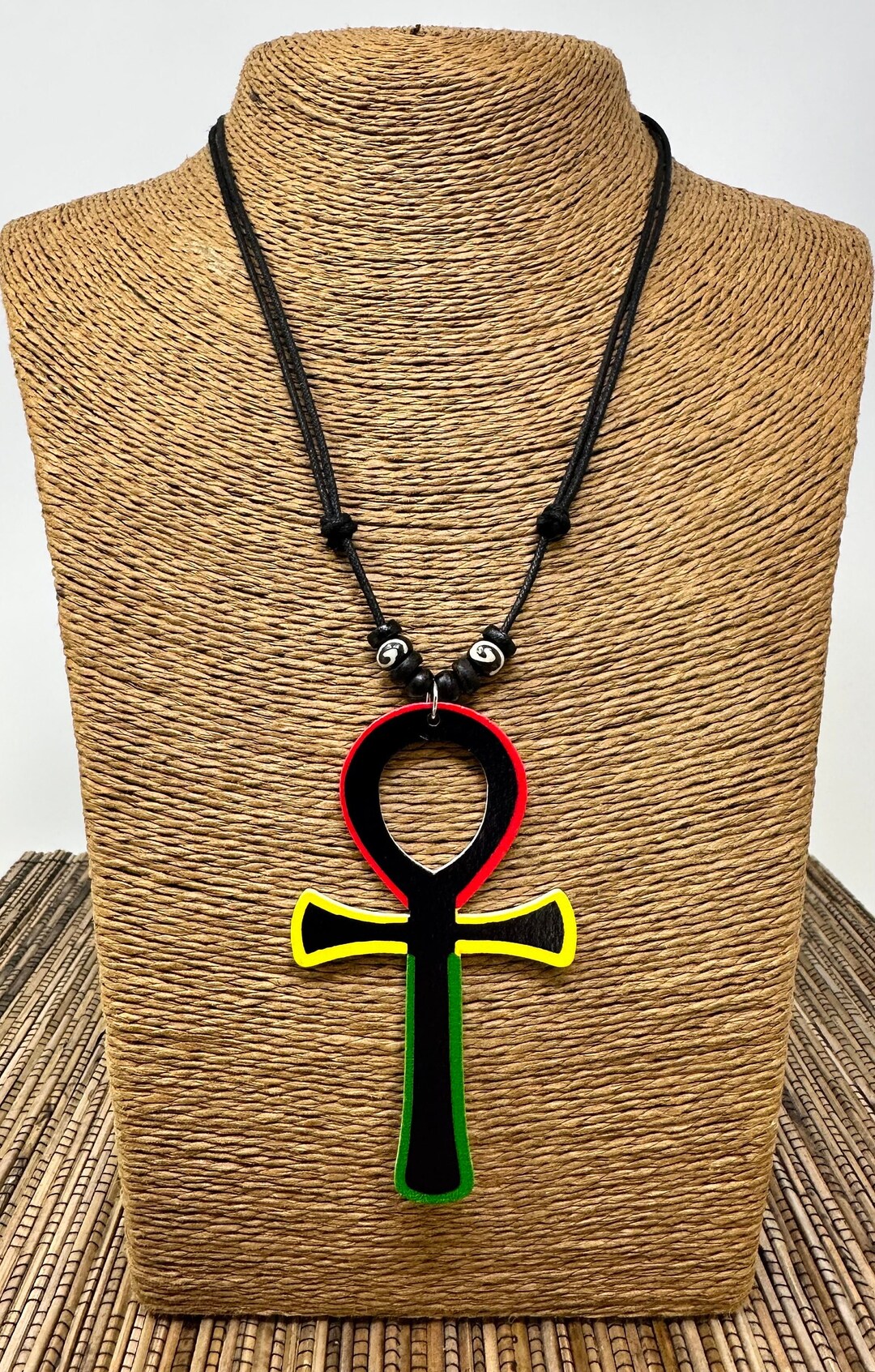 Handmade Wooden Ankh Necklace With Rastafarian Accents - Adjustable ...