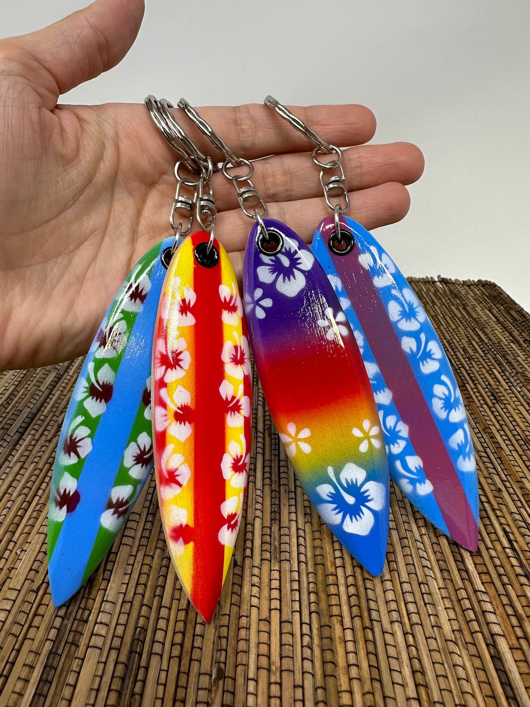 Colorful Wooden Surfboard Keychains - 4-inch Handcrafted, Gloss ...